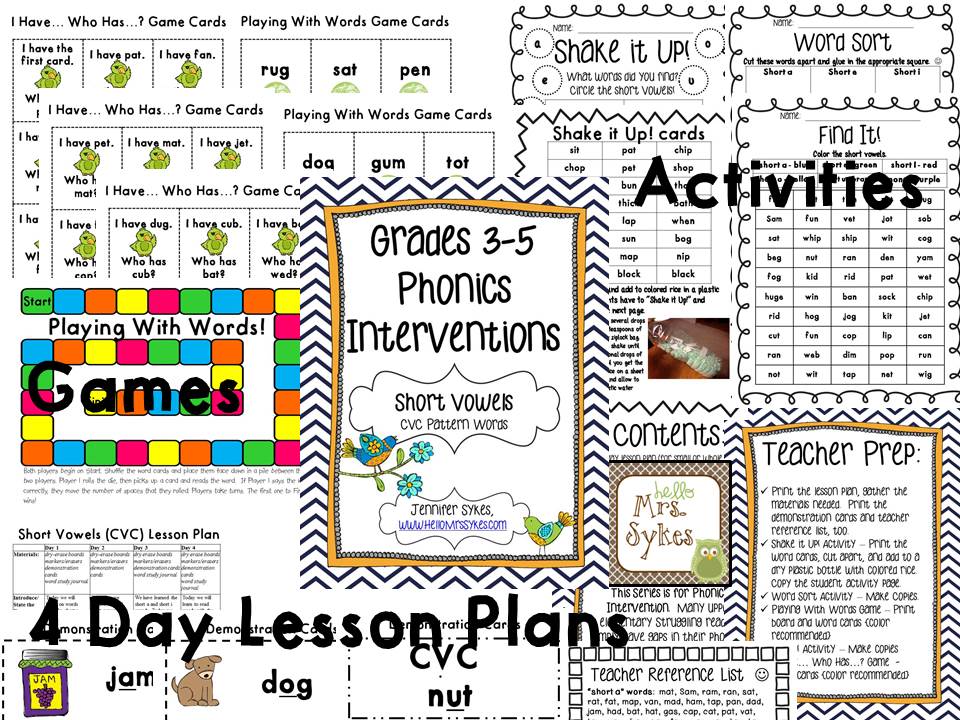 CVC Short Vowel ~ Phonics Interventions, Grades 3-5 Lesson Plans and M ...