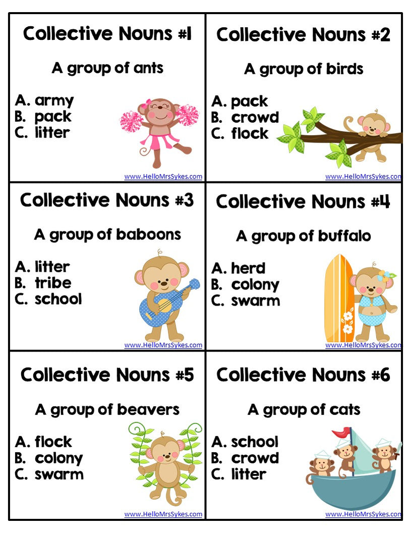 Collective Nouns 24 Task Cards, Scoot Game, and Quick Assessment ...